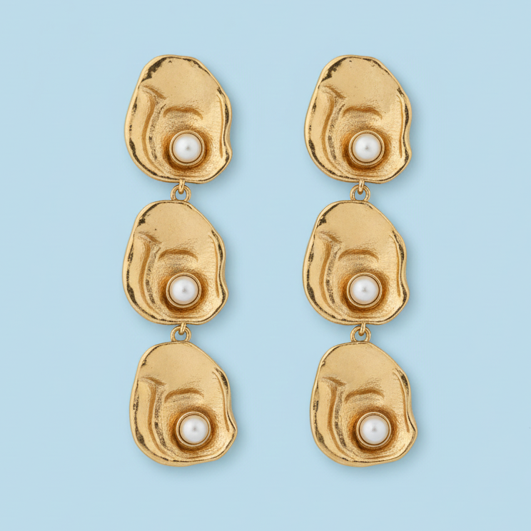 Chessie Triple Oyster Dangle Earrings (Clip)
